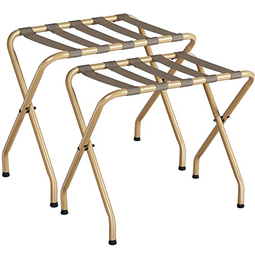 ELYKEN 2 Pack Folding Luggage Rack for Guest Room, Easily Assemble Metal Suitcase Stand, Foldable Space Saving Hotel Storage Rack,Heavy Duty Max 110LBS Loading Bearing Luggage Holder, Gold