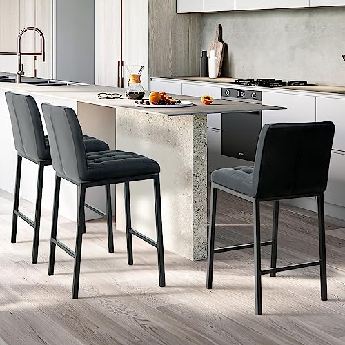 E&D FURNITURE Bar Stools 26 INCH Set of 2 with Back, Metal Legs PU Leather Barstool Mid-Century Modern Upholstered Counter Height Stool for Kitchen Island Counter, Black 2PCS