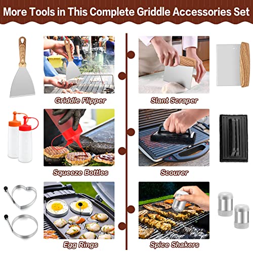 Joyfair 19Pcs Griddle Accessories Kit, Flat Top Grill BBQ Turners with Melting Domes, For Outdoor Camping Teppanyaki, Include Basting Cover, Burger Press, Stainless Steel Spatulas, Scarpers, Carry Bag