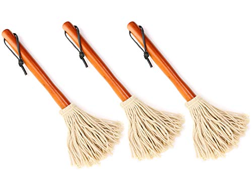 12" BBQ Sauce Basting Mops & Brushes for Roasting or Grilling, Apply Barbeque, Marinade or Glazing, Cotton Fiber Head and Hardwood Handle, Dish Mop Style, Perfect for Cooking or Cleaning - Pack of 3