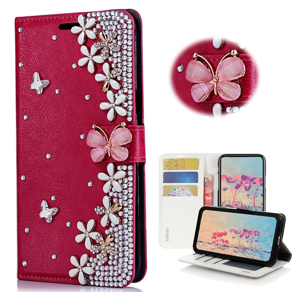 STENES Bling Wallet Phone Case Compatible with Samsung Galaxy Z Fold 2 5G - Stylish - 3D Handmade Flowers Floral Butterfly Design Leather Cover with Neck Strap Lanyard & Screen Protector - Red