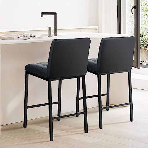 E&D FURNITURE Bar Stools 26 INCH Set of 2 with Back, Metal Legs PU Leather Barstool Mid-Century Modern Upholstered Counter Height Stool for Kitchen Island Counter, Black 2PCS