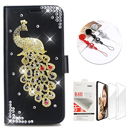 STENES Bling Wallet Phone Case Compatible with Samsung Galaxy Z Fold 2 5G - Stylish - 3D Handmade Crystal Peacock Magnetic Wallet Leather Cover with Neck Strap Lanyard & Screen Protector - Black