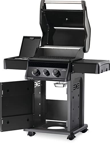 Napoleon Rogue 365 BBQ Grill, Black, Propane Gas - R365SBPK-1-OB - With Two Burners and Range Gas Side Burner, Barbecue Gas Cart, Folding Sideshelves, Instant Failsafe Ignition
