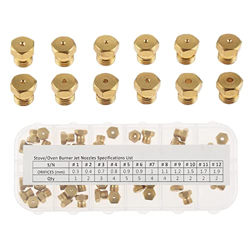 GUOFALDE Brass Jet Nozzles, Range Stove Oven Orifice Conversion Kit M6x0.75 mm Gas Spray Tip 0.3/0.4/0/7/0.8/0.9/1.0/1.1/1.2/1.5/1.7/1.9mm(Pack of 36), Propane Lpg Gas Pipe Parts, Propane Orifice