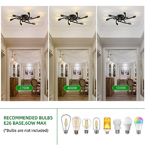OUKAARY Industrial 6-Lights Semi Flush Mount Ceiling Light Fixture,Retro Black Metal Modern Sputnik Chandelier Ceiling Lamp, Mid Century Ceiling Lights with E26 Bulb Base for Farmhouse Kitchen,Room