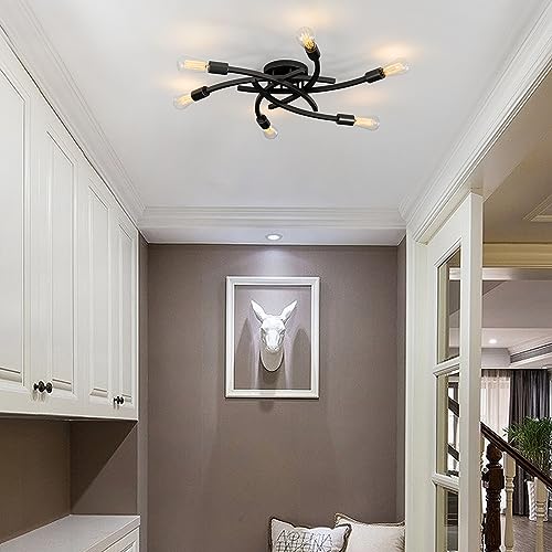 OUKAARY Industrial 6-Lights Semi Flush Mount Ceiling Light Fixture,Retro Black Metal Modern Sputnik Chandelier Ceiling Lamp, Mid Century Ceiling Lights with E26 Bulb Base for Farmhouse Kitchen,Room