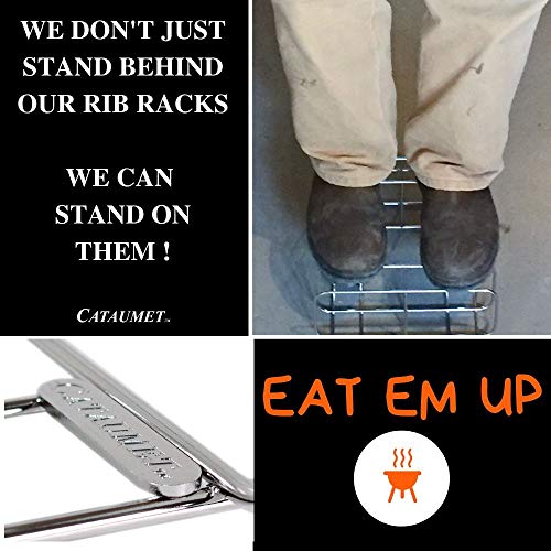 Cataumet BBQ Rib Rack Holder Smoking Rack with Silicone Basting Brush Fits Big Egg Kettle Style Grills Gas Grills Smokers Made with Genuine 304 Stainless Steel