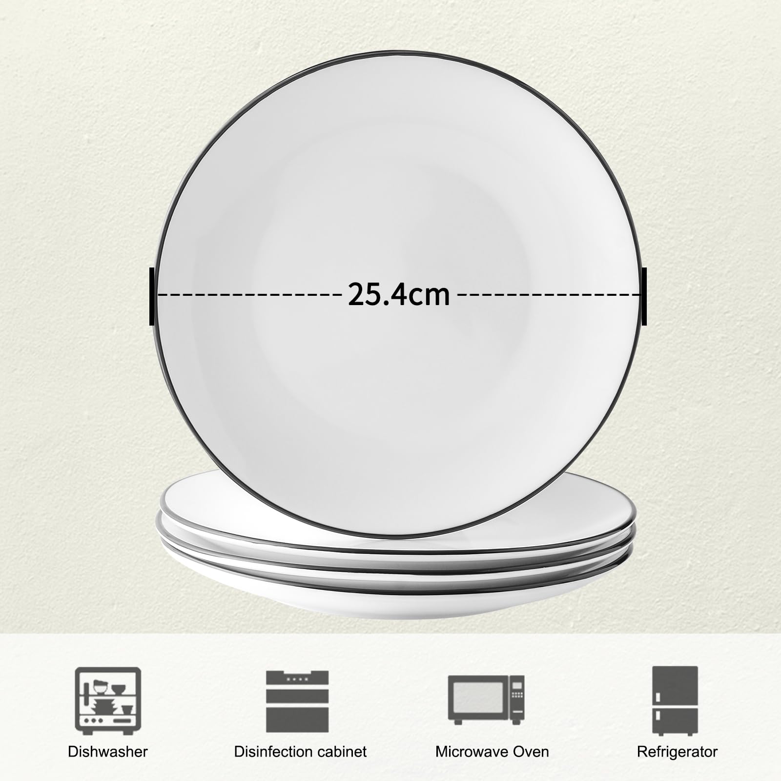 YOLIFE 10 inch Porcelain Dinner Plate Set of 6 - White Round Ceramic Serving Dish for Steak Patas Pizza Restaurant with Black Trim