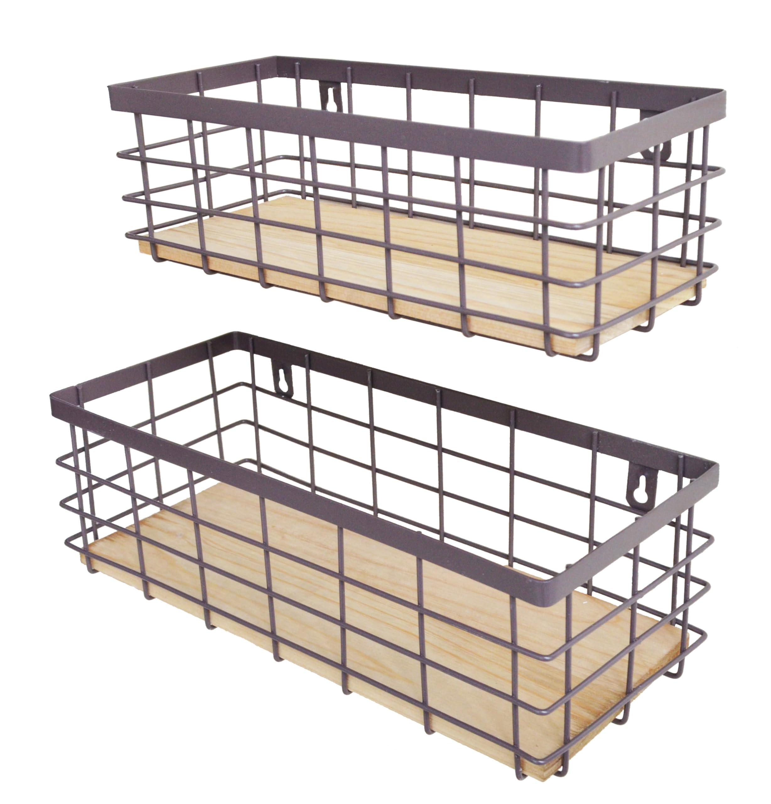 ShabbyDecor Metal Wire Basket Detachable Wood Base Storage Organizer Farmhouse Bin for Kitchen Cabinets, Bathroom, Pantry, Laundry Room, Closets Set of 2,Brown Color