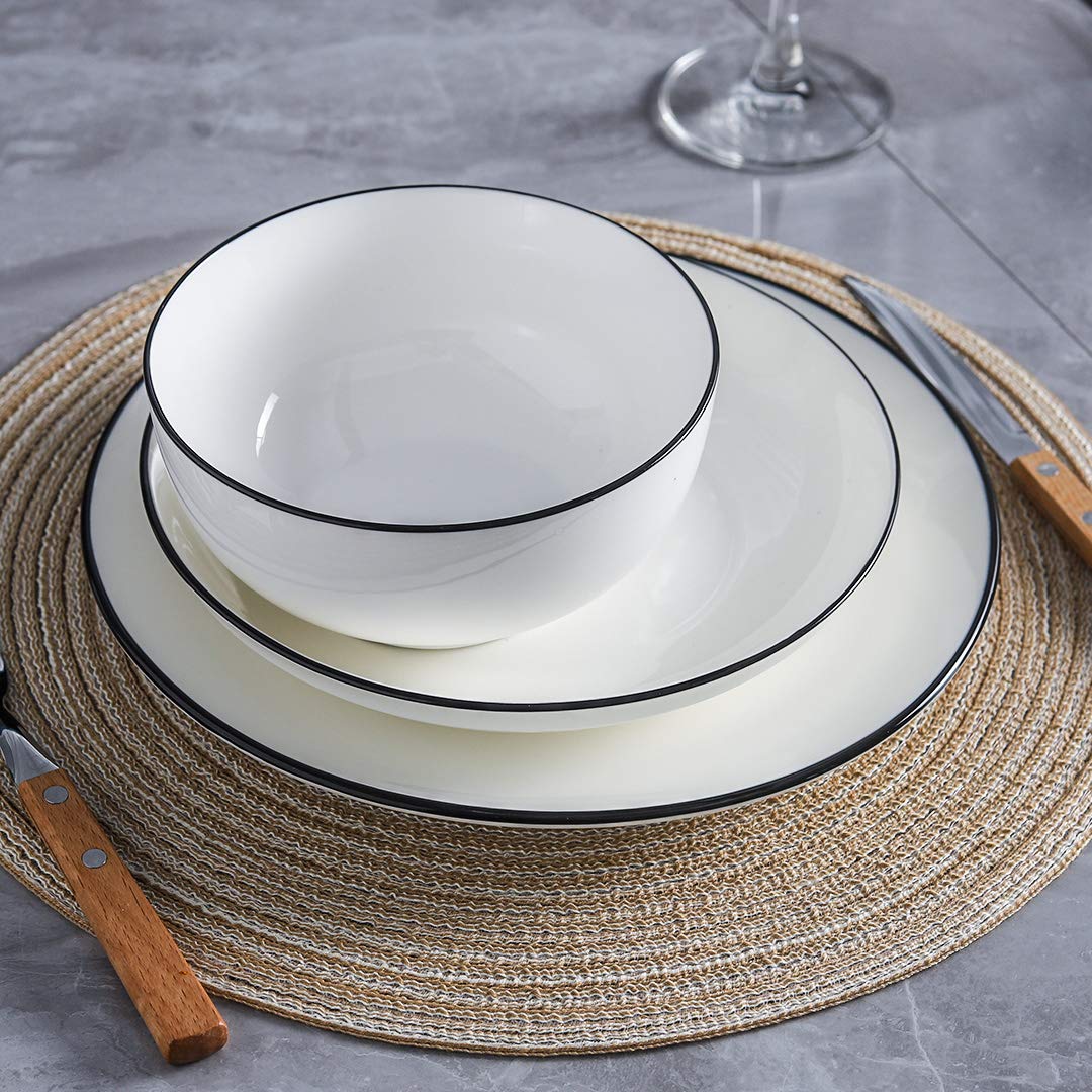 YOLIFE 10 inch Porcelain Dinner Plate Set of 6 - White Round Ceramic Serving Dish for Steak Patas Pizza Restaurant with Black Trim