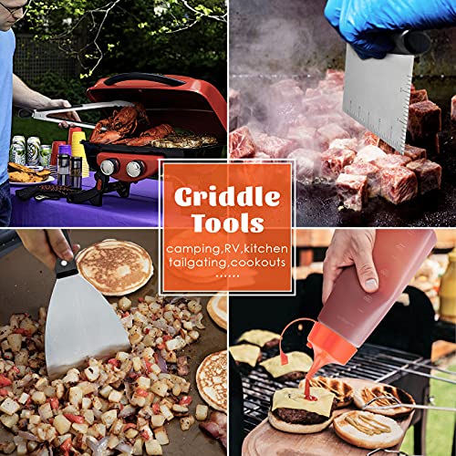 HaSteeL Griddle Accessories Set, Stainless Steel Griddle Tools Kit of 10 for Flat Top Teppanyaki BBQ Cooking Camping, 12β Melting Dome, Metal Spatulas, Griddle Scrapers, Tong, Egg Rings, Bottles