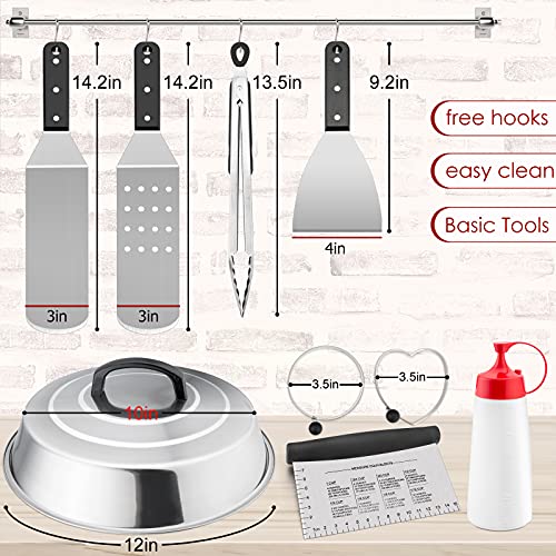 HaSteeL Griddle Accessories Set, Stainless Steel Griddle Tools Kit of 10 for Flat Top Teppanyaki BBQ Cooking Camping, 12β Melting Dome, Metal Spatulas, Griddle Scrapers, Tong, Egg Rings, Bottles