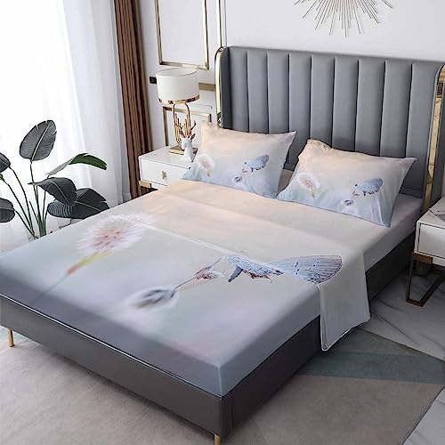 Butterfly Sheets Full Size, Dandelion Plant Bed Sheets, Patterned Bedding Sheets & Pillowcases 4 Piece Set - Soft Microfiber Deep Pocket Fitted Sheet & Flat Sheet & 2 Pillow Cases K6-&-126