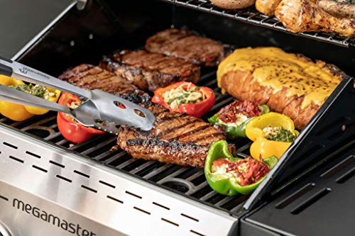 Megamaster 720-0864MA 2 Burner Propane Barbecue Gas Grill, for Camping, Outdoor Cooking, Patio, Garden Barbecue Grill, 28000 BTUs, with Foldable Side Table, Silver and Black