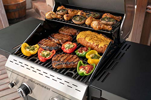 Megamaster 720-0864MA 2 Burner Propane Barbecue Gas Grill, for Camping, Outdoor Cooking, Patio, Garden Barbecue Grill, 28000 BTUs, with Foldable Side Table, Silver and Black