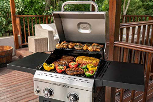 Megamaster 720-0864MA 2 Burner Propane Barbecue Gas Grill, for Camping, Outdoor Cooking, Patio, Garden Barbecue Grill, 28000 BTUs, with Foldable Side Table, Silver and Black