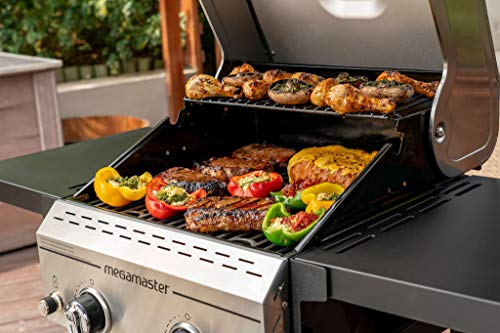 Megamaster 720-0864MA 2 Burner Propane Barbecue Gas Grill, for Camping, Outdoor Cooking, Patio, Garden Barbecue Grill, 28000 BTUs, with Foldable Side Table, Silver and Black