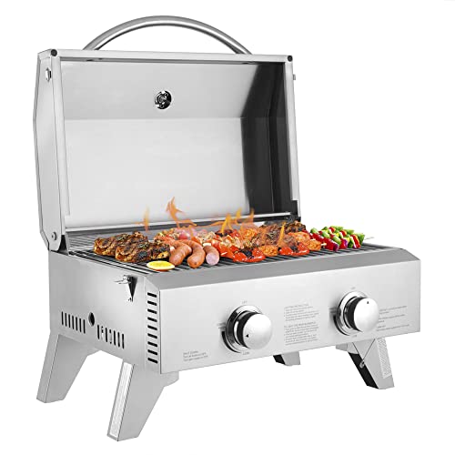 ROVSUN Extra Large 20,000 BTU Portable Gas Grill, 2 Burner Tabletop Propane Griddle with Foldable Legs, Regulator & Full Stainless Steel for Outdoor Picnic Camping Trip, Tailgating, Patio Garden BBQ Home Use