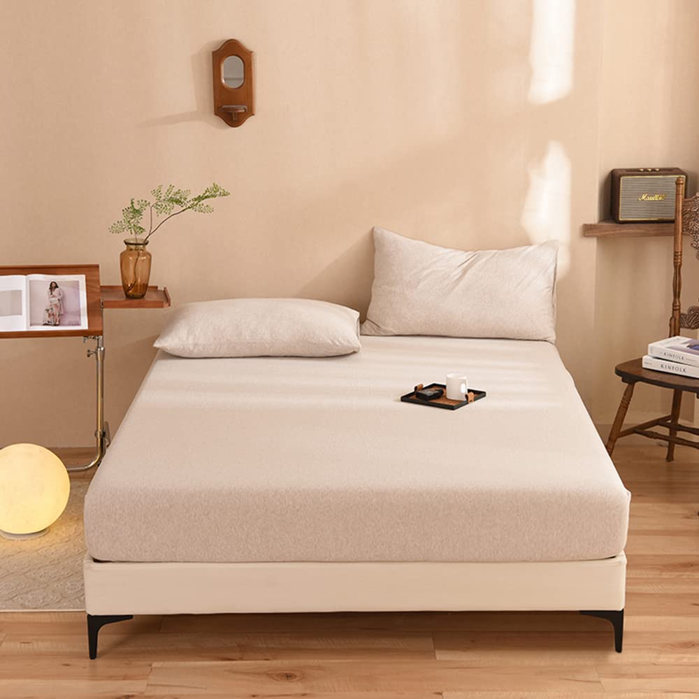 Mengersi 100% Jersey Knit Cotton Fitted Sheet, Fitted Bottom Sheet -1 Piece Fitted Sheet, Extra Deep Pocket Sheet Mattress Cover (Khaki, Full)