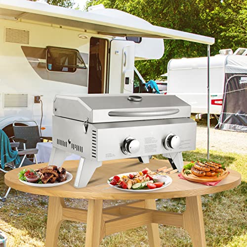 ROVSUN Extra Large 20,000 BTU Portable Gas Grill, 2 Burner Tabletop Propane Griddle with Foldable Legs, Regulator & Full Stainless Steel for Outdoor Picnic Camping Trip, Tailgating, Patio Garden BBQ Home Use