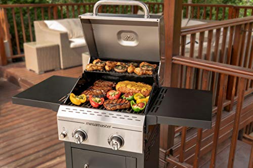 Megamaster 720-0864MA 2 Burner Propane Barbecue Gas Grill, for Camping, Outdoor Cooking, Patio, Garden Barbecue Grill, 28000 BTUs, with Foldable Side Table, Silver and Black