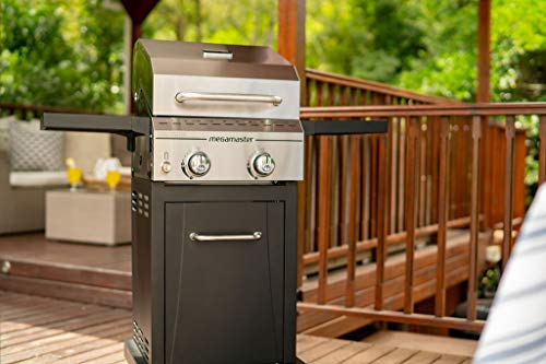 Megamaster 720-0864MA 2 Burner Propane Barbecue Gas Grill, for Camping, Outdoor Cooking, Patio, Garden Barbecue Grill, 28000 BTUs, with Foldable Side Table, Silver and Black
