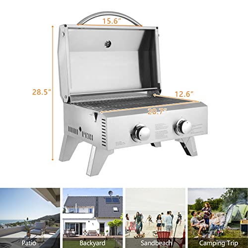 ROVSUN Extra Large 20,000 BTU Portable Gas Grill, 2 Burner Tabletop Propane Griddle with Foldable Legs, Regulator & Full Stainless Steel for Outdoor Picnic Camping Trip, Tailgating, Patio Garden BBQ Home Use