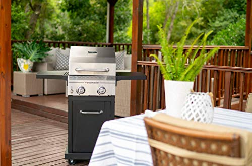 Megamaster 720-0864MA 2 Burner Propane Barbecue Gas Grill, for Camping, Outdoor Cooking, Patio, Garden Barbecue Grill, 28000 BTUs, with Foldable Side Table, Silver and Black