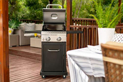 Megamaster 720-0864MA 2 Burner Propane Barbecue Gas Grill, for Camping, Outdoor Cooking, Patio, Garden Barbecue Grill, 28000 BTUs, with Foldable Side Table, Silver and Black