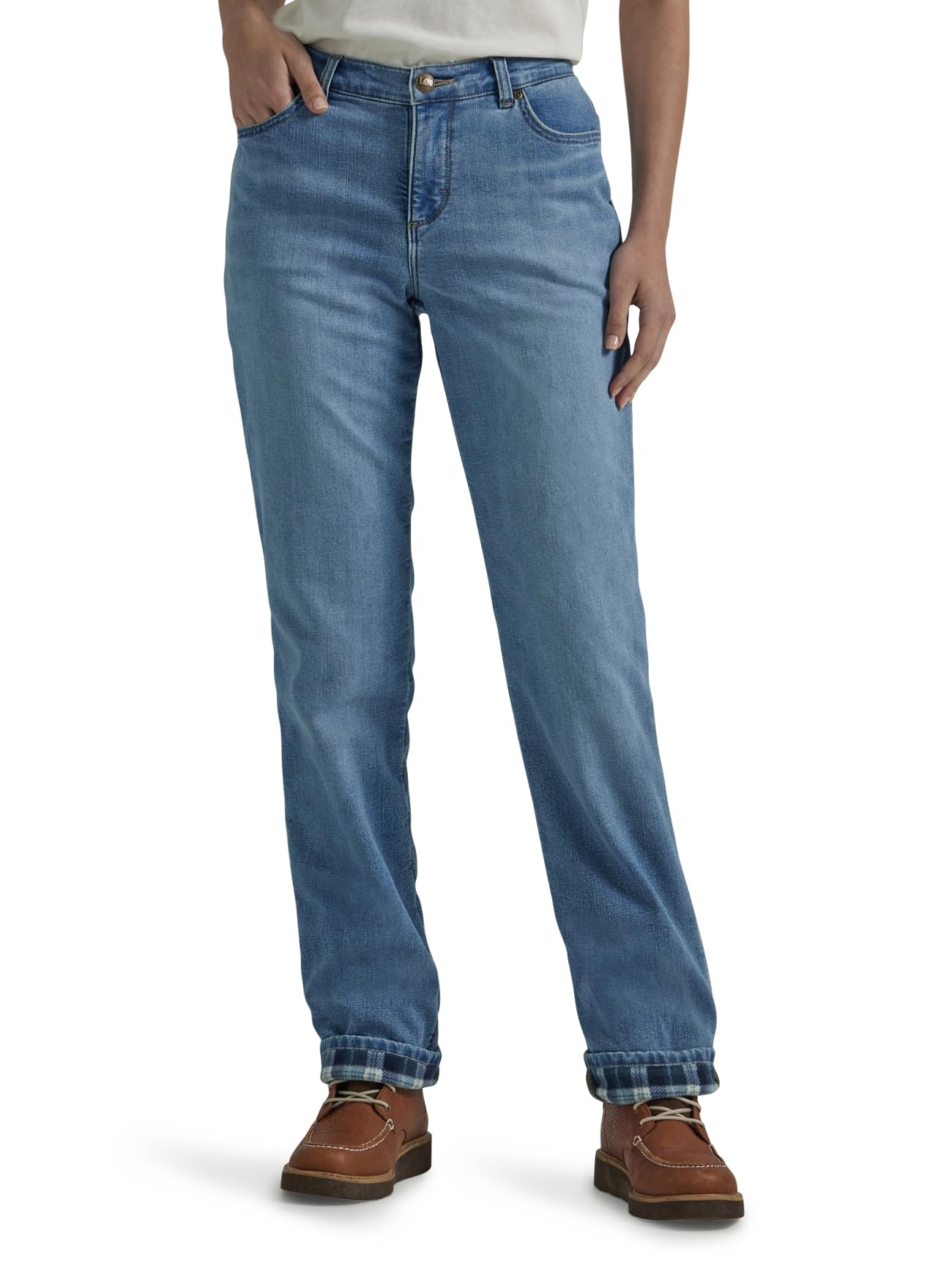 Lee Women's Relaxed Fit Straight Leg Jean, Fleece-Lined Alpine Frost, 8 Short
