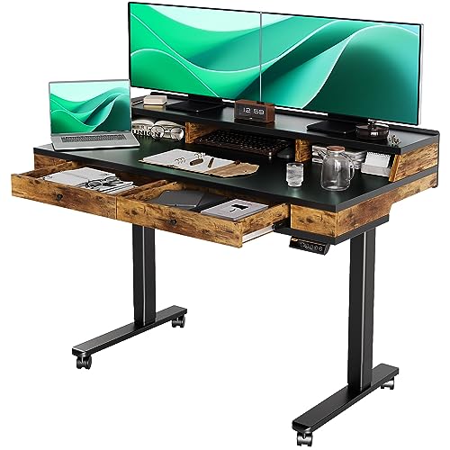 Claiks Standing Desk with Drawers, Electric Adjustable Standing Desk Adjustable Height, Sit Stand Up Desk with Storage Shelves & Wheels, 55 Inch Rustic Brown