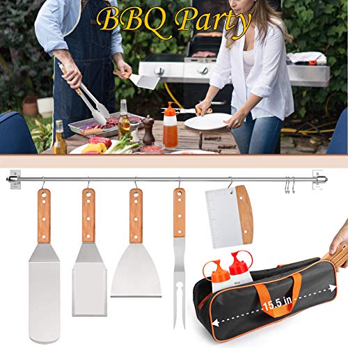 HaSteeL Griddle Accessories Kit 14 PCS, Metal Griddle Spatula Set with Carrying Bag, Stainless Steel Grill Spatulas/Scrapers/Tong/Meat Fork/Brush/Egg Rings/Bottles for Teppanyaki BBQ Flat Top Cooking