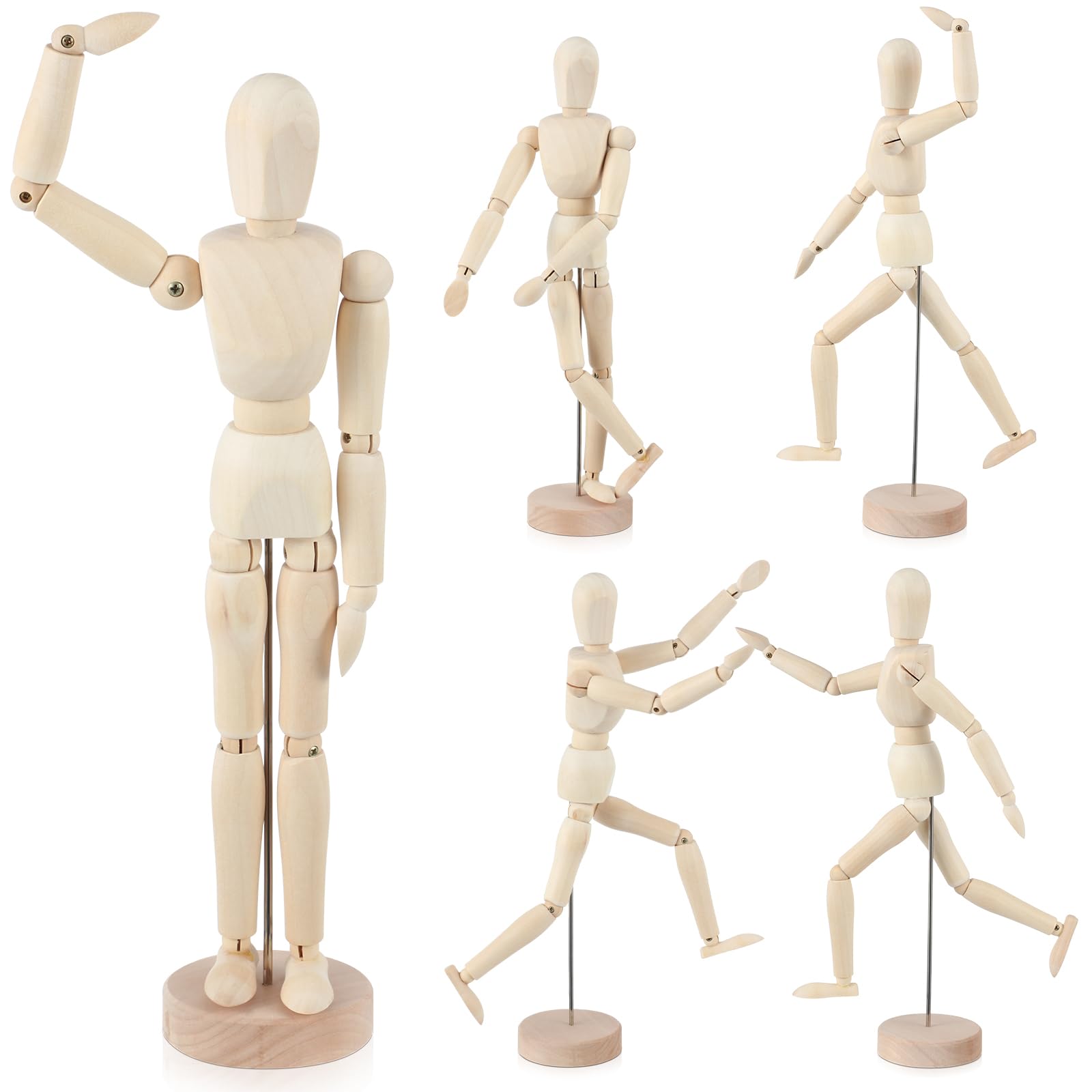 Hiboom 4 Pcs Artists Wooden Manikin 12 Inch Wooden Mannequin Figure Posable Drawing Figure Flexible Articulated Human Mode Body with Base for Home Office Desk Sketching Painting Gift