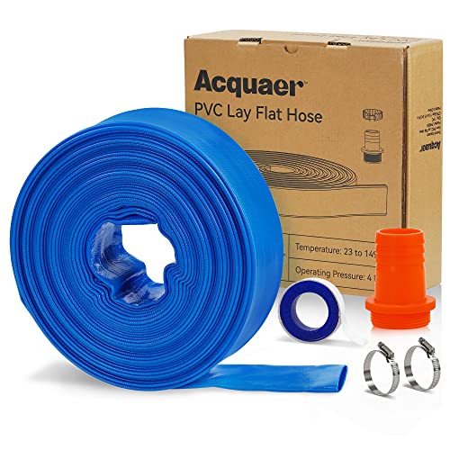 Acquaer 1-1/2" x 50 FT Pool Backwash Hose, Heavy Duty Reinforced PVC Lay Flat Discharge Hose, Weather and Burst Resistant, with 2 Hose Clamps and a Connector for Inground Swimming Pool Pump Draining