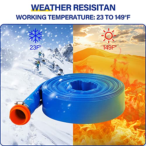 Acquaer 1-1/2" x 50 FT Pool Backwash Hose, Heavy Duty Reinforced PVC Lay Flat Discharge Hose, Weather and Burst Resistant, with 2 Hose Clamps and a Connector for Inground Swimming Pool Pump Draining