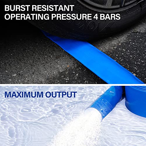 Acquaer 1-1/2" x 50 FT Pool Backwash Hose, Heavy Duty Reinforced PVC Lay Flat Discharge Hose, Weather and Burst Resistant, with 2 Hose Clamps and a Connector for Inground Swimming Pool Pump Draining