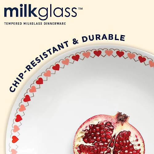 Corelle MilkGlass 12-Pc Dinnerware Set, Service for 4, Durable and Eco-Friendly, Higher Rim Glass Plate & Bowl Set, Microwave and Dishwasher Safe, Hearts