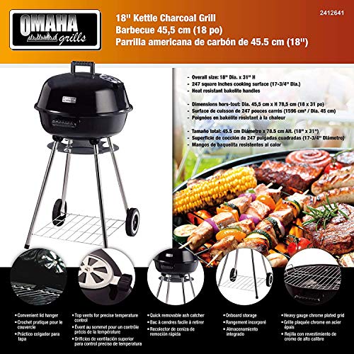 Duke Grills Omaha Charcoal Kettle BBQ Grill - 18β x 31β X 23β - 247 sq-in cooking surface - Cook 9+ burgers - Lid Hook - Stable 4 Leg Design - Heat Resistant Handles - Duals Vents - Ash Catcher