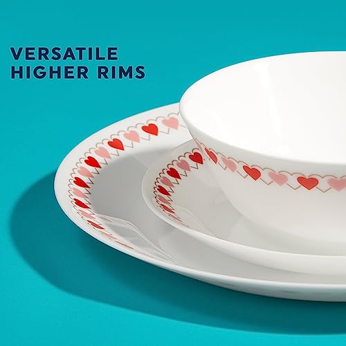 Corelle MilkGlass 12-Pc Dinnerware Set, Service for 4, Durable and Eco-Friendly, Higher Rim Glass Plate & Bowl Set, Microwave and Dishwasher Safe, Hearts