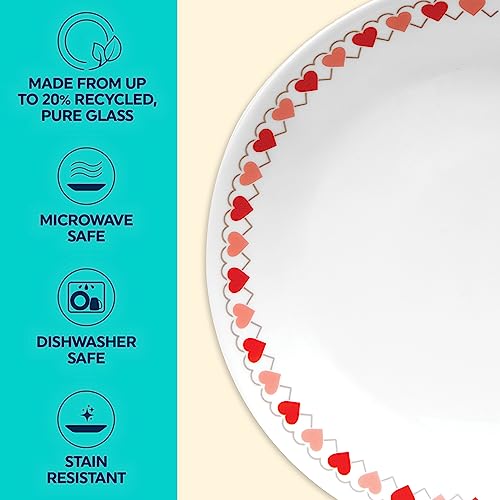 Corelle MilkGlass 12-Pc Dinnerware Set, Service for 4, Durable and Eco-Friendly, Higher Rim Glass Plate & Bowl Set, Microwave and Dishwasher Safe, Hearts