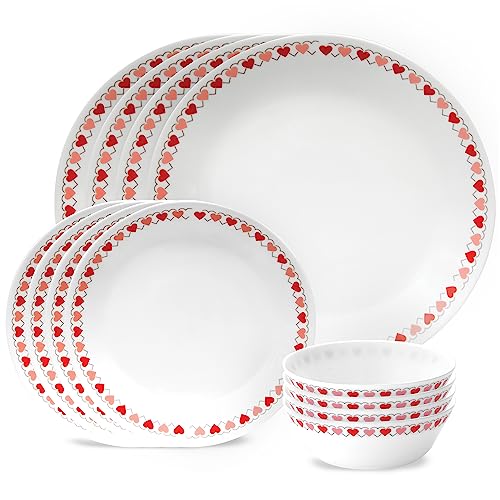 Corelle MilkGlass 12-Pc Dinnerware Set, Service for 4, Durable and Eco-Friendly, Higher Rim Glass Plate & Bowl Set, Microwave and Dishwasher Safe, Hearts