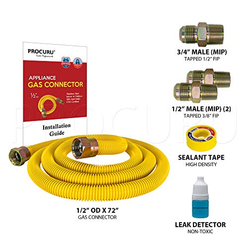 PROCURU 1/2" OD x 72" Long Weatherproof Stainless Steel Gas Flex Connector Kit with Yellow SafeGuard Coating for Dryer, Water Heater, Bbq Grill