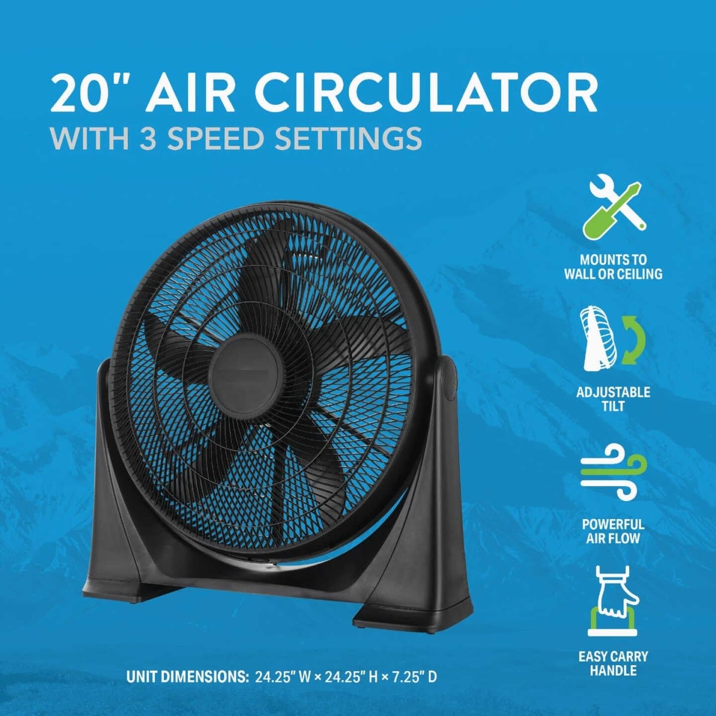 SOHLER 20 Inch High Velocity Powerful Air Circulator Fan, Ideal for Home, Bedroom, Wall Mount Option, White Noise Quiet Operation, 3 Speed Settings, Adjustable 180° Tilt, Black