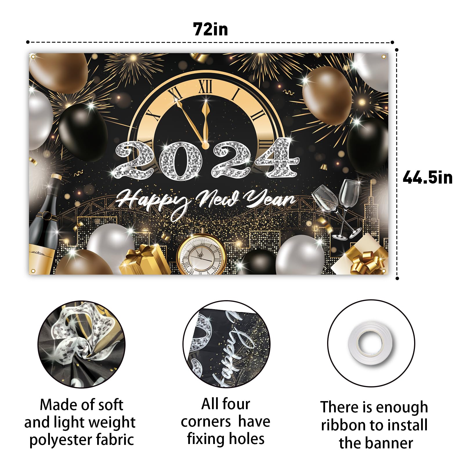 Happy New Year 2024 Backdrop Banner,Cheers to 2024 New Years Banner Decorations,New Years Eve Photography Backdrops 6x4ft