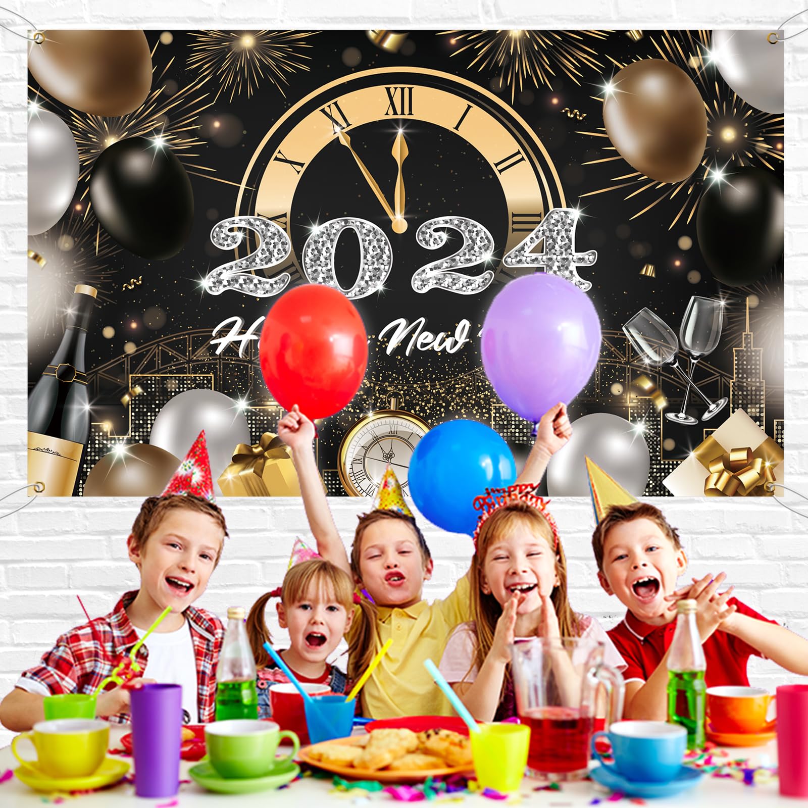 Happy New Year 2024 Backdrop Banner,Cheers to 2024 New Years Banner Decorations,New Years Eve Photography Backdrops 6x4ft