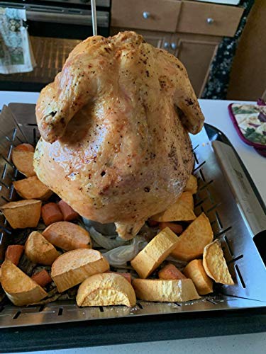 Beer Can Chicken Holder Combo with Free Meat Thermometer- Vegetable Grill Basket-BBQ Grilling Gifts for Men Accessories-Roaster Rack - Vertical Stand for Kabob-Fish-Turkey-Fits Outside Smoker