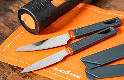 Blackstone 5433 Knife Roll Kit 1 Silicone Prep Mat, Integrated Salt and Pepper Shaker, 1 Large Prep Knife, 1 Small Prep Knife, 1 Containment Tube, Stainless Steel, Chef Travel Roll Bag/Case Orange