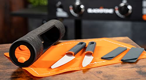 Blackstone 5433 Knife Roll Kit 1 Silicone Prep Mat, Integrated Salt and Pepper Shaker, 1 Large Prep Knife, 1 Small Prep Knife, 1 Containment Tube, Stainless Steel, Chef Travel Roll Bag/Case Orange