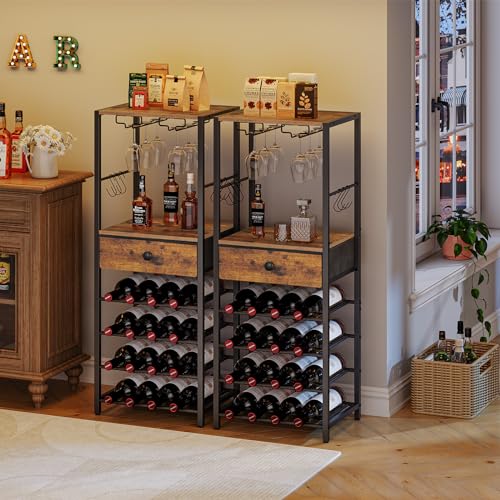 HOOBRO Wine Rack Freestanding Floor, 16-Bottle Wine Storage Rack with Non-Woven Fabric Drawer and Hooks, Wine Rack Table, Bar Cabinet for Kitchen, Dining Room, Bar, Rustic Brown and Black BF10JJ01